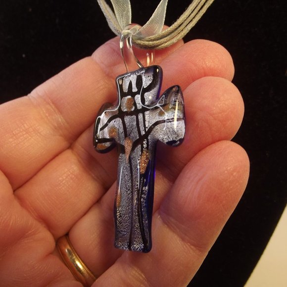 Jewelry | Glass Cross Pendant Necklace Shades Of Blue Silver | Poshmark